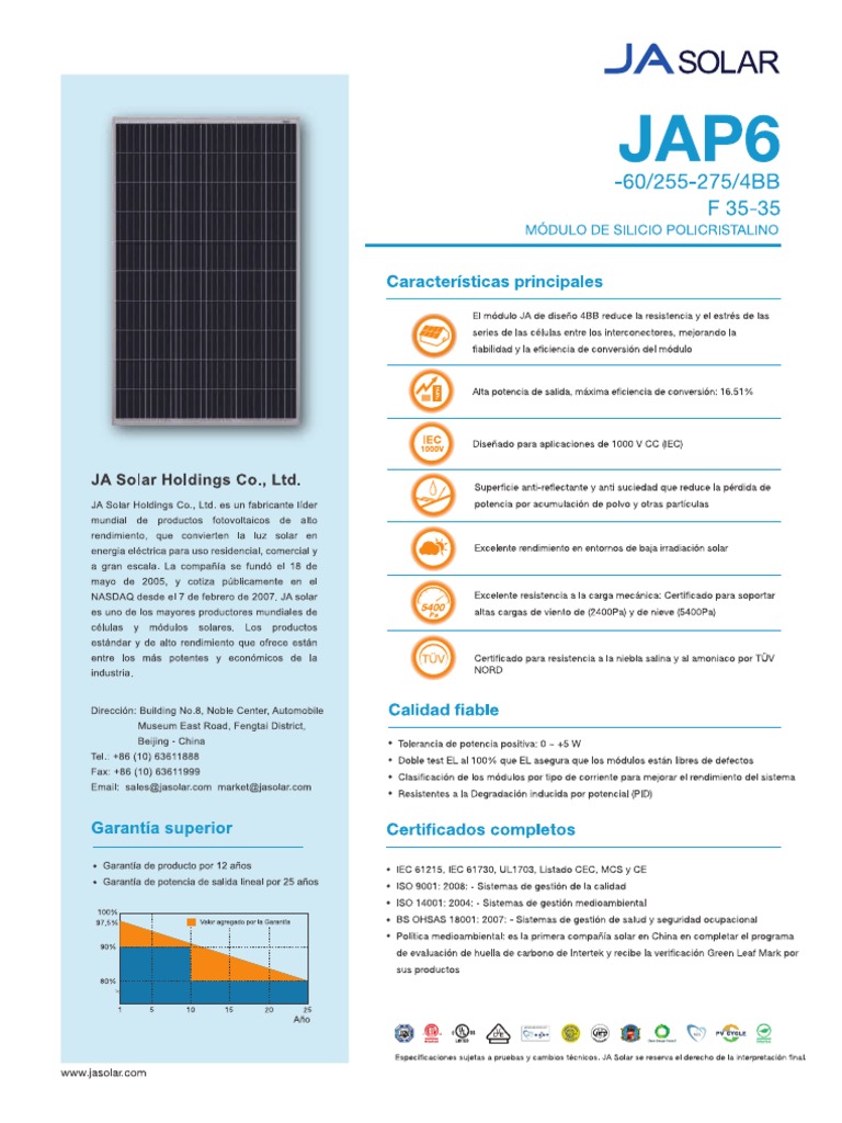 Panel Solar JASolar 60cel Poli 270W JAP60S01 SC | PDF