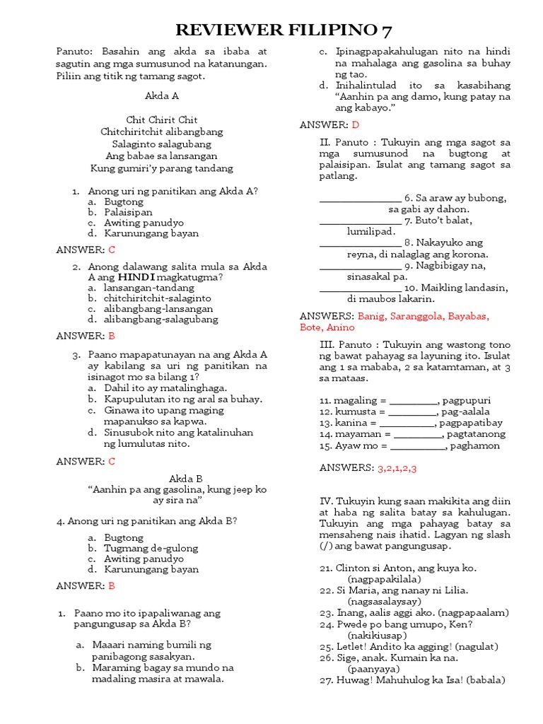 Reviewer Filipino 7 | PDF