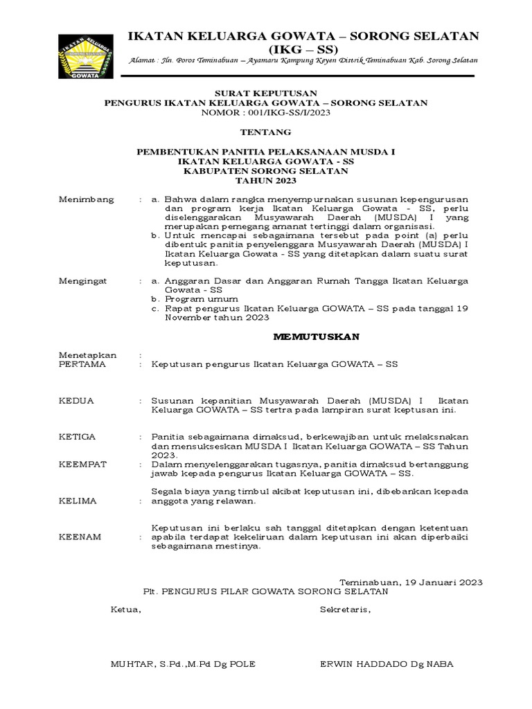 Pembentukan Panitia MUSDA IKG-SS 2023 | PDF