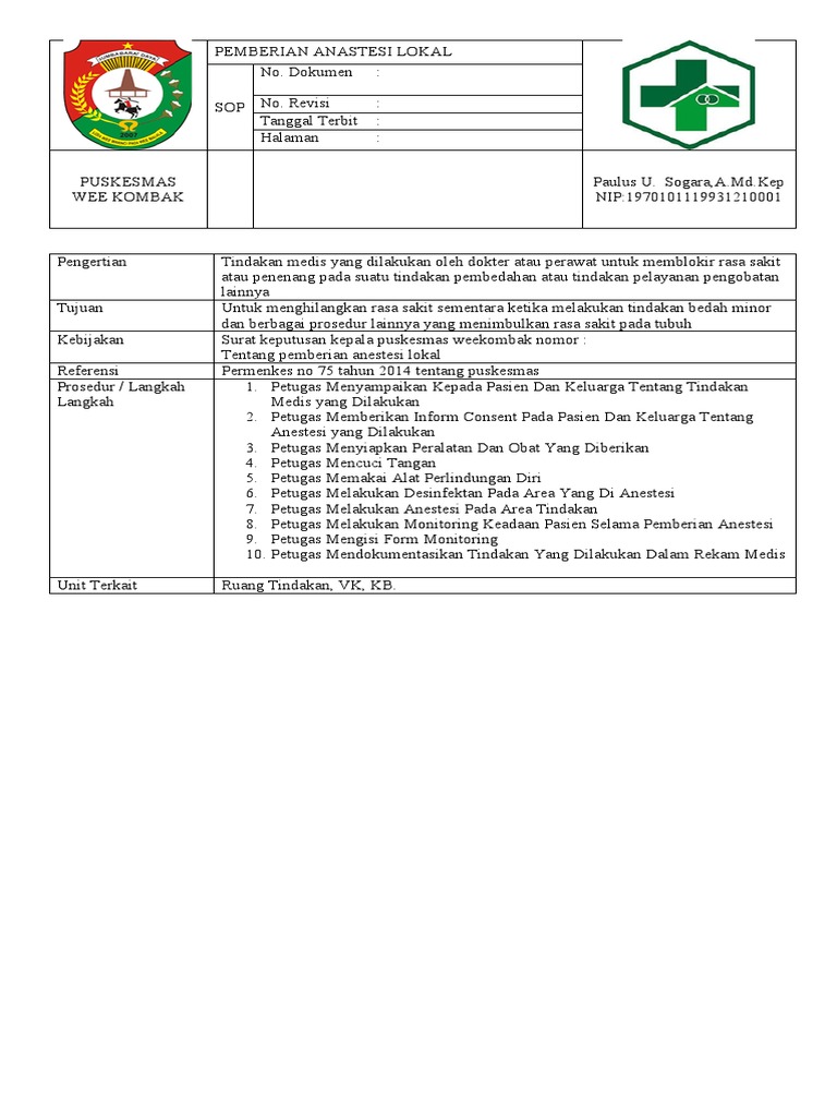 SOP PEMBERIAN ANASTESI LOKAL | PDF