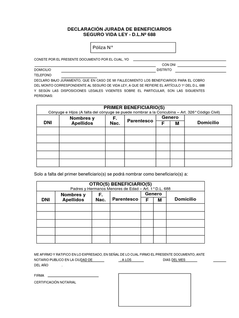Formato Declaracion Jurada de Beneficiarios Vida Ley | PDF