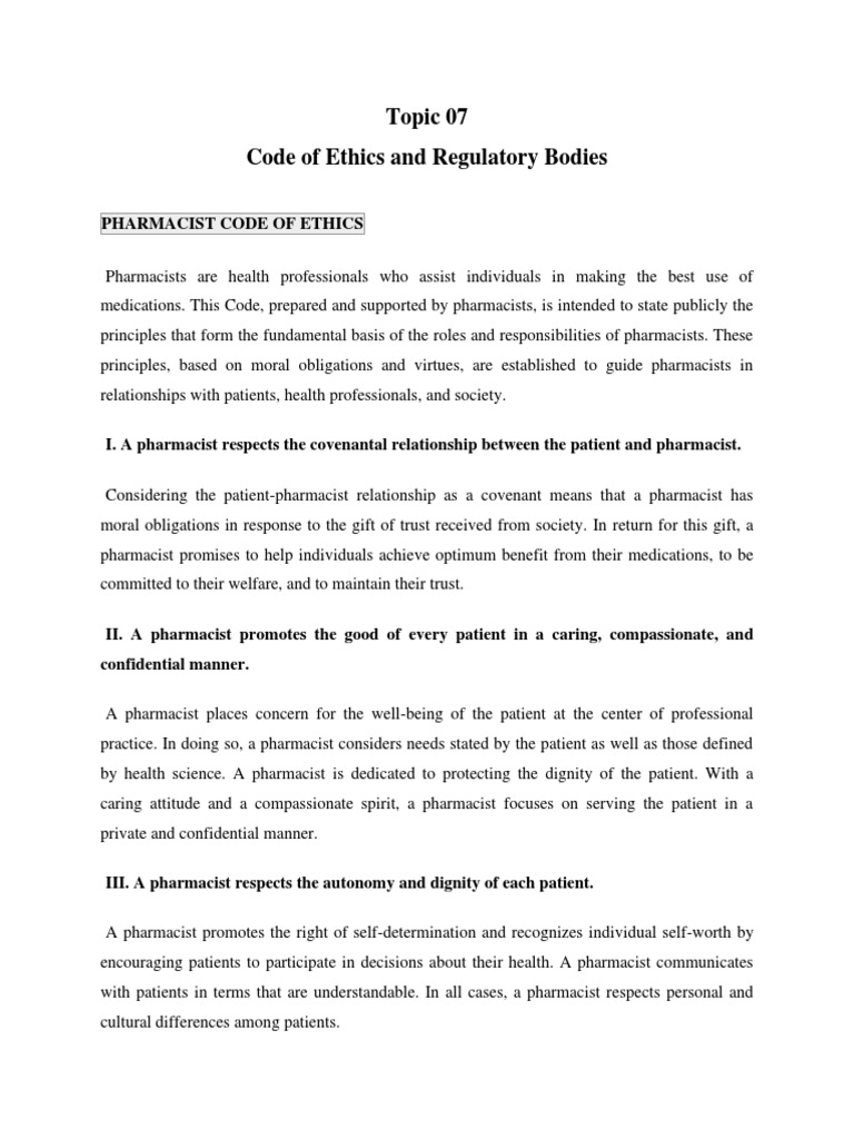 Topic 7 - Code of Ethics | PDF | Pharmacist | Pharmacy