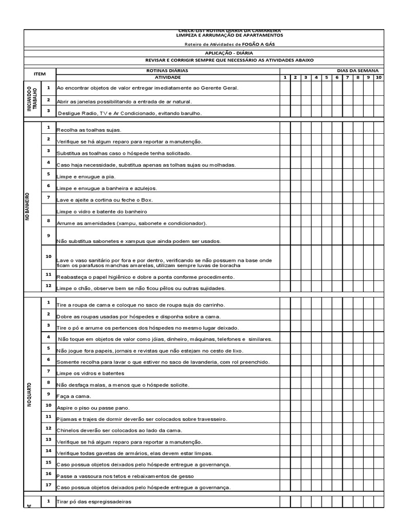 Check-list rotina diária camareira | PDF | Cama