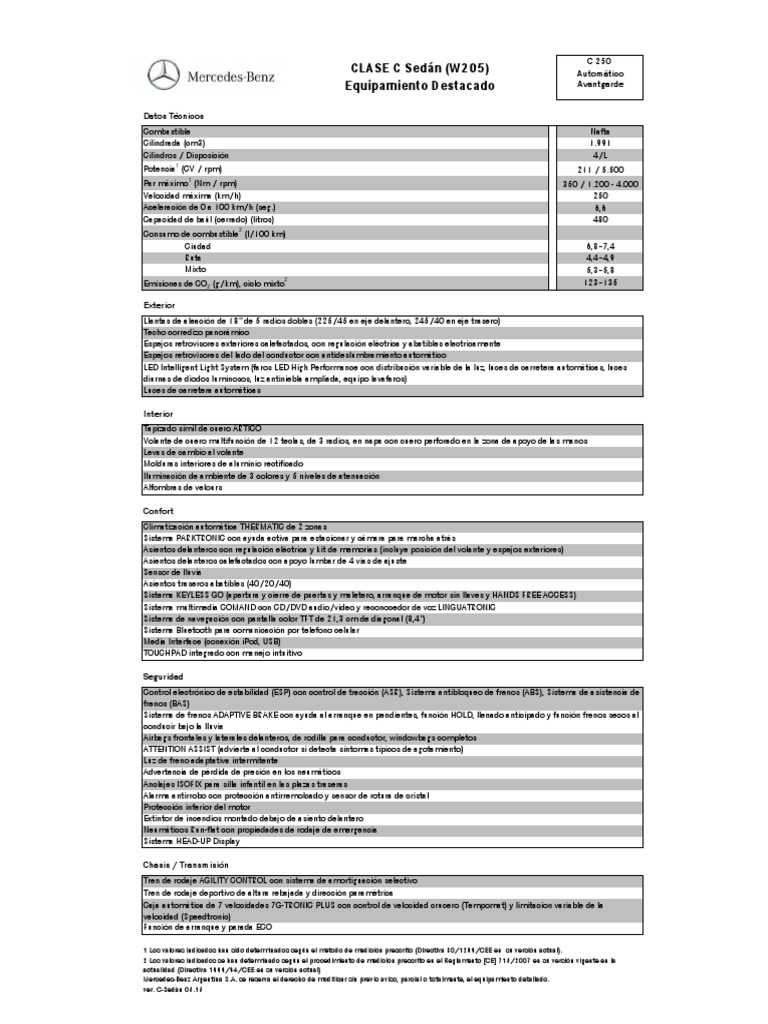 Ficha Tecnica Mercedes Benz C 250 Avantgarde PDF | PDF | Diodo emisor de luz | Sistema de freno ...