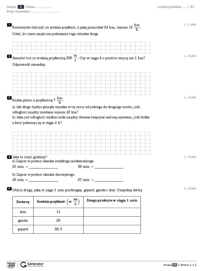 Kartkówka 6B - Prędkość, Droga, Czas | PDF