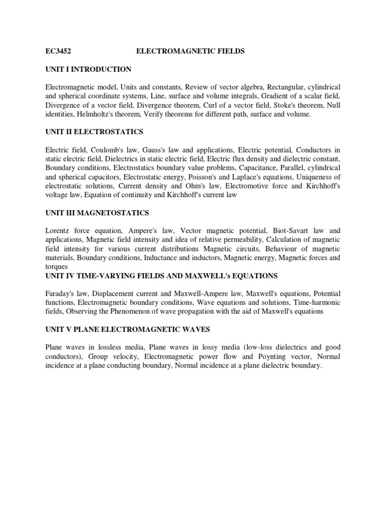 EC3452 Electromagnetic Fields Unit I Introduction | PDF