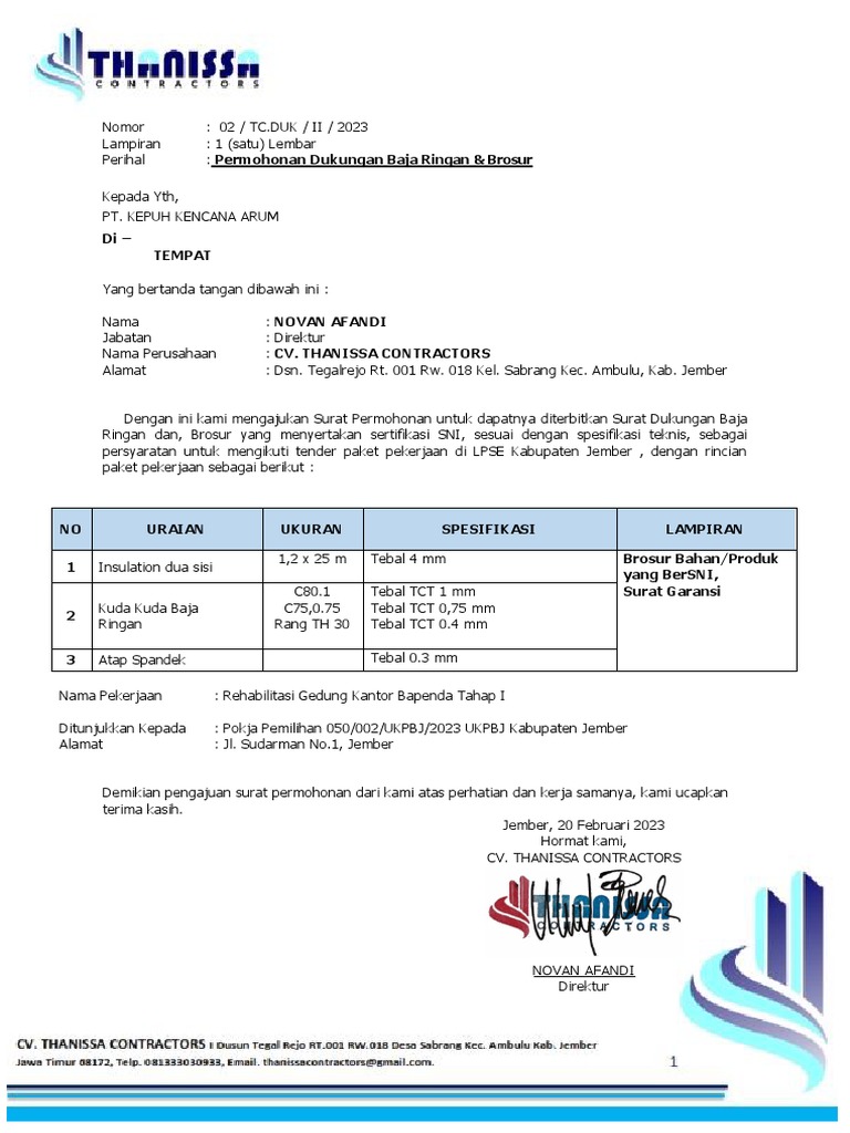 PERM SURAT DUKUNGAN BAJA RINGAN CV. THANISSA CONTRACTORS | PDF