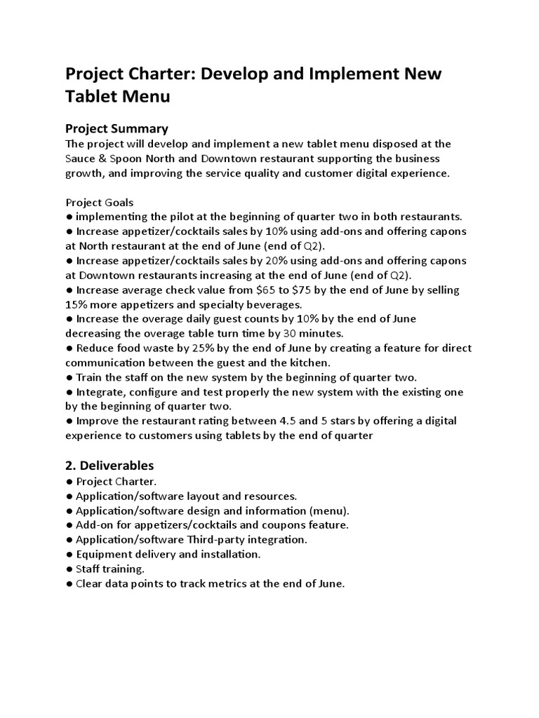 Project Charter: Develop and Implement New Tablet Menu | PDF | Menu | Restaurants