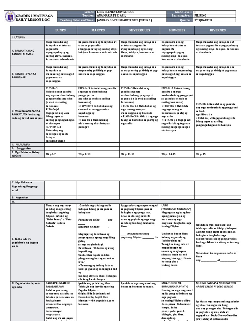 DLL - Filipino 1 - Q3 - W1 | PDF