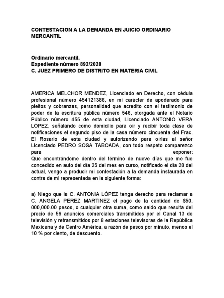 Contestacion A La Demanda en Juicio Ordinario Mercantil | PDF | Derecho ...