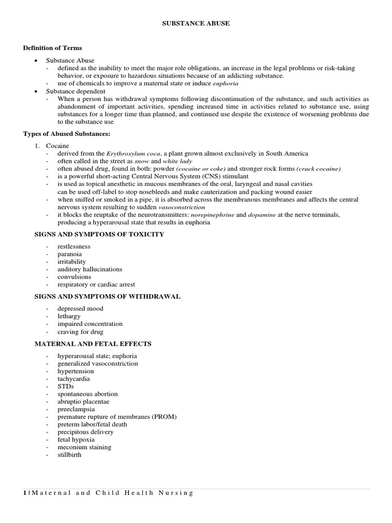 Substance Abuse Handout MCH | PDF | Fetus | Pregnancy