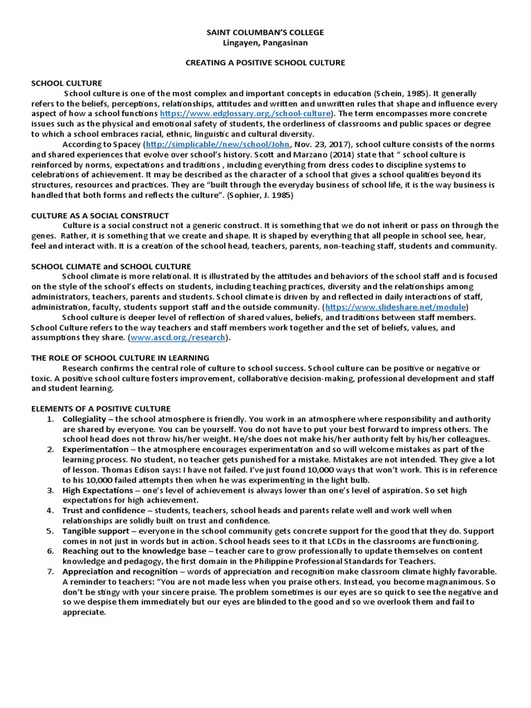 Elements of Positive School Culture | PDF | Teachers | Rituals