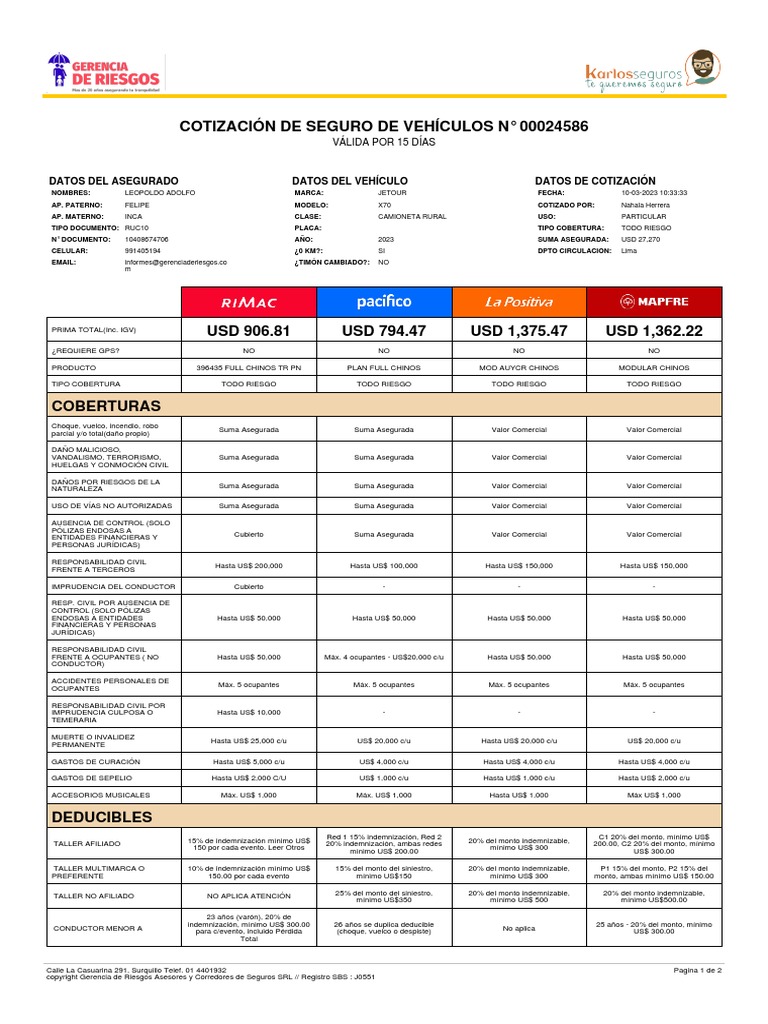 COTIZACION SEGURO VEH - LEOPOLDO ADOLFO FELIPE INCA | PDF