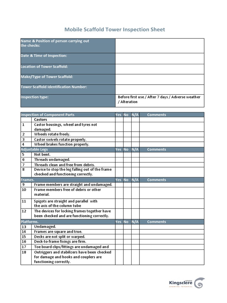 Mobile Scaffold Tower Inspection Checklist | PDF | Scaffolding ...