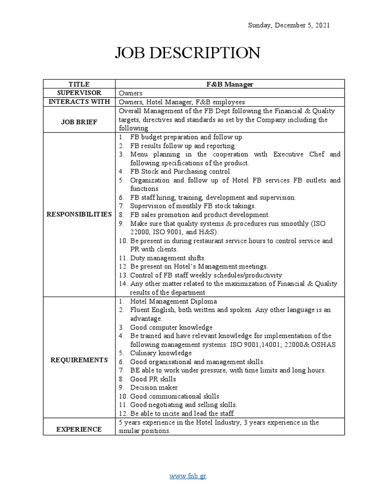 JOB DESCRIPTION FNB Director | PDF | Business | Economies