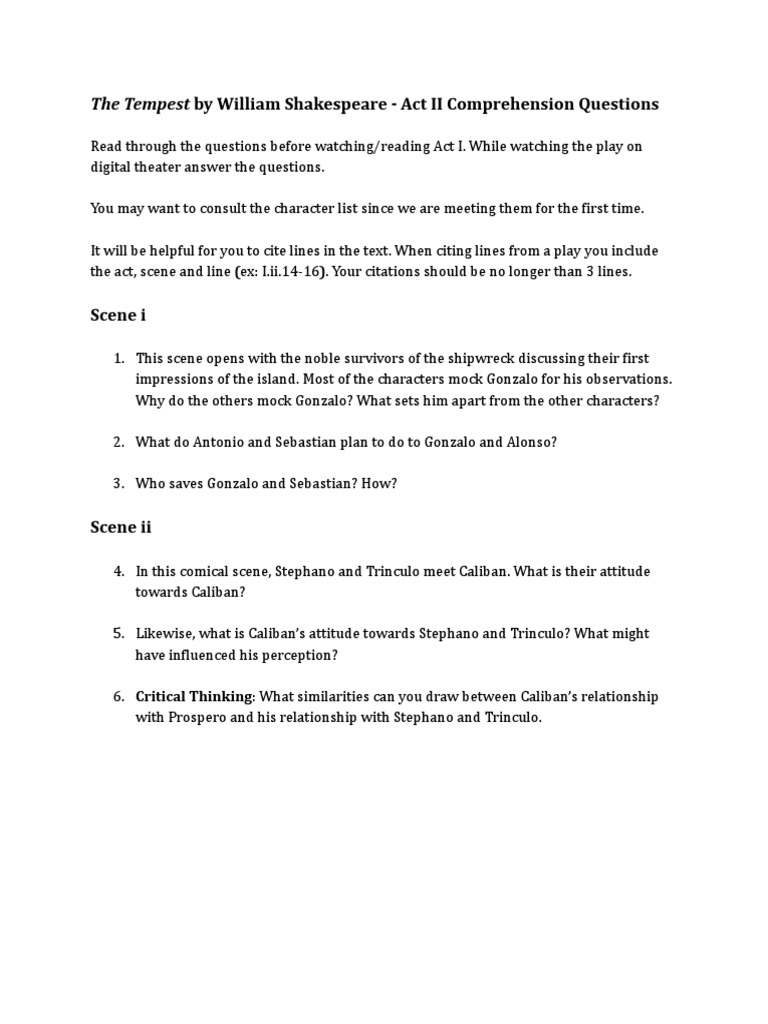 Act II The Tempest Comprehension Questions | PDF