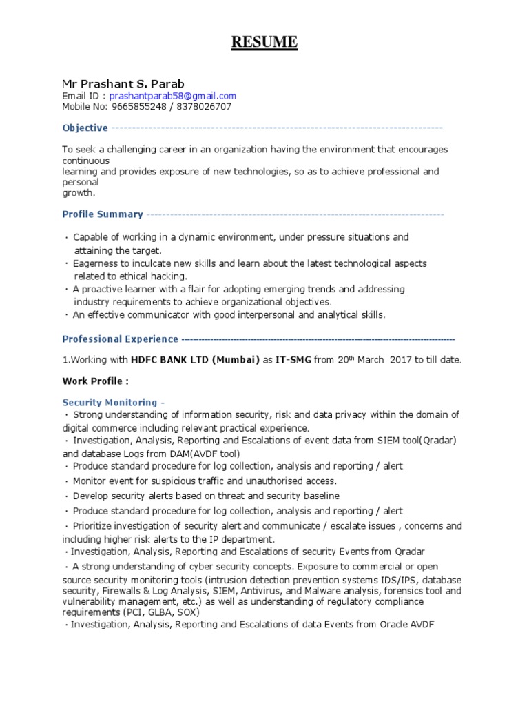 PrashantSahdevParab - Database Monitoring Analyst - Pune - Mphasis | PDF | Security | Computer ...