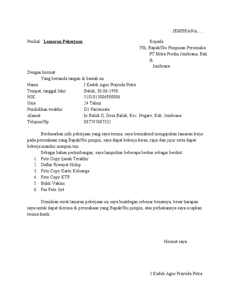 Lamaran Kerja PT. Mitra Prodin Bali | PDF