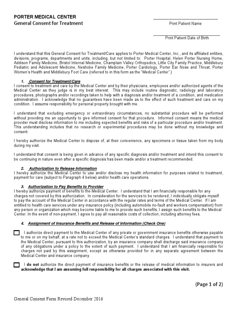 General Consent for Treatment Form | PDF | Informed Consent | Hospital