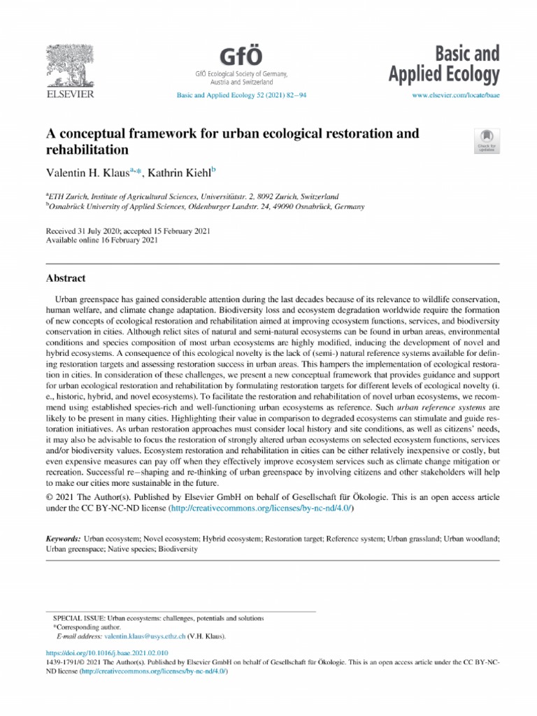 A Conceptual Framework For Urban Ecological Restoration and ...