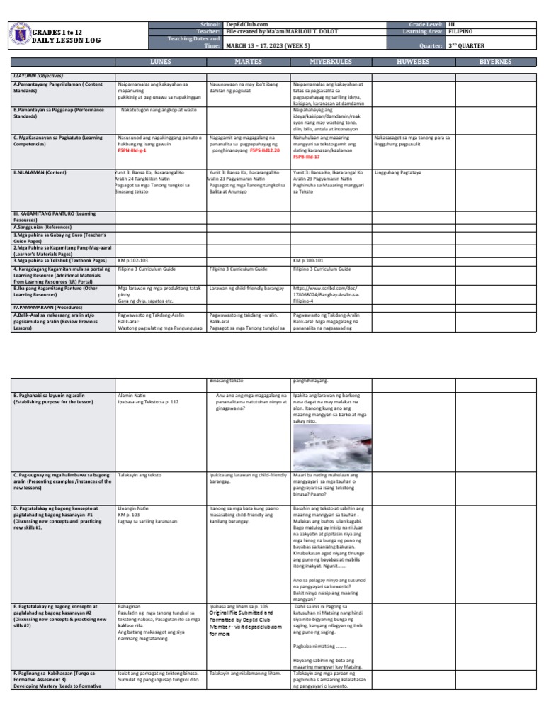 DLL - Filipino 3 - Q3 - W5 | PDF
