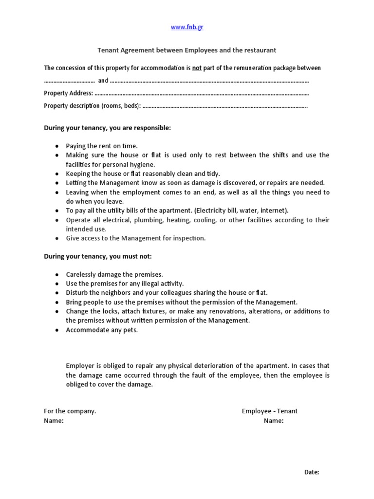 Tenant Agreement Between Employee and Company | PDF