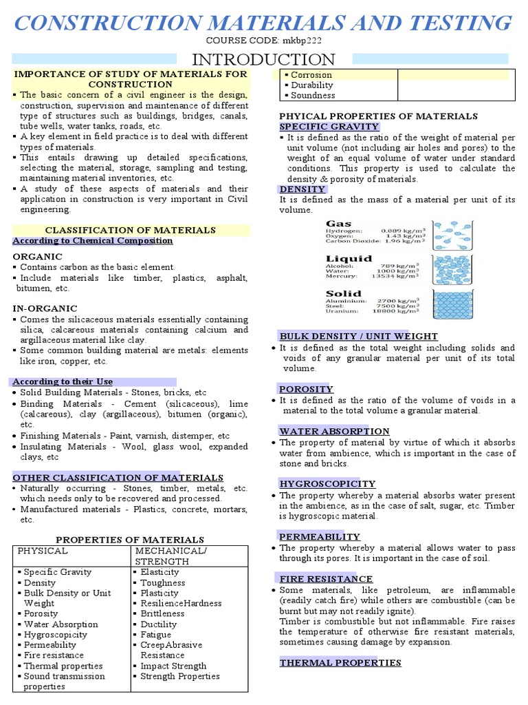 Construction Materials and Testing Notes | PDF | Rock (Geology) | Concrete