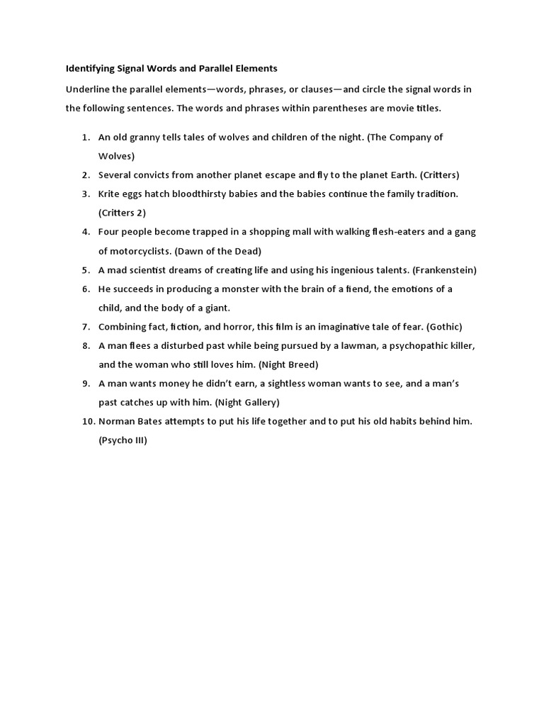 Identifying Signal Words And Parallel Elements PDF Dr Jekyll And
