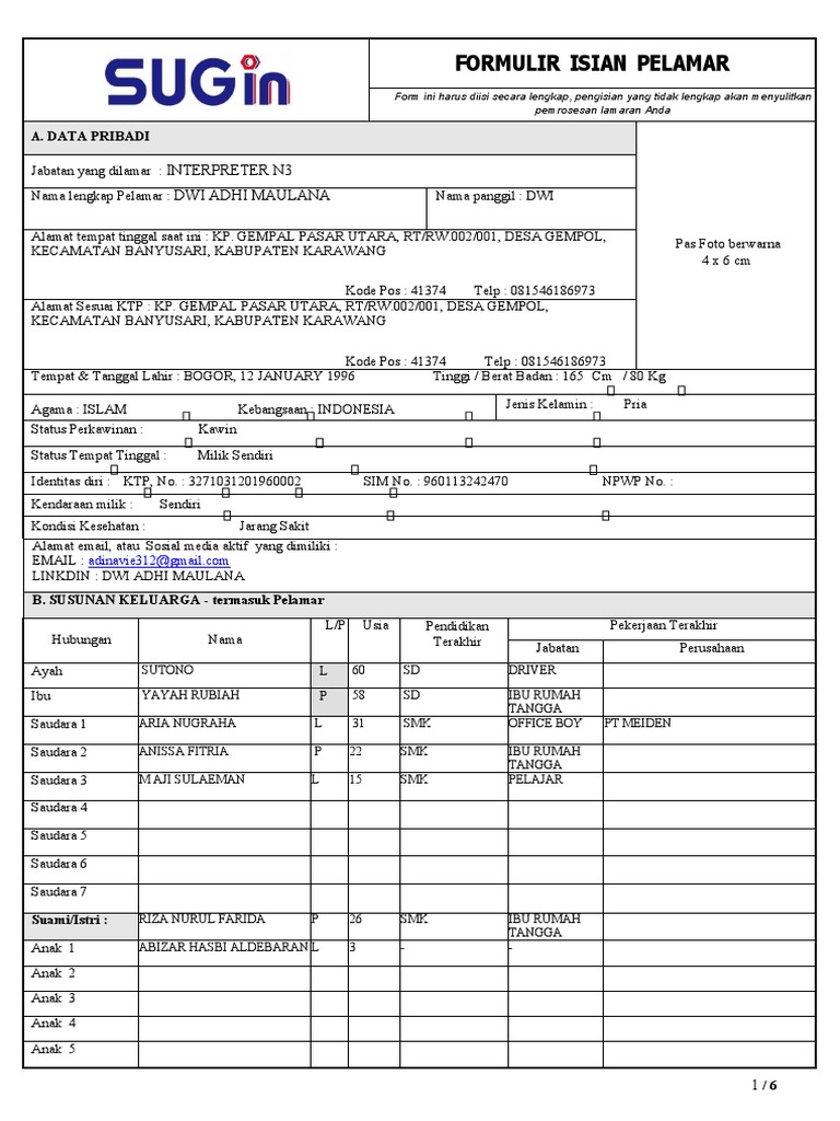 Form Isian Pelamar Pt. Sugin | PDF