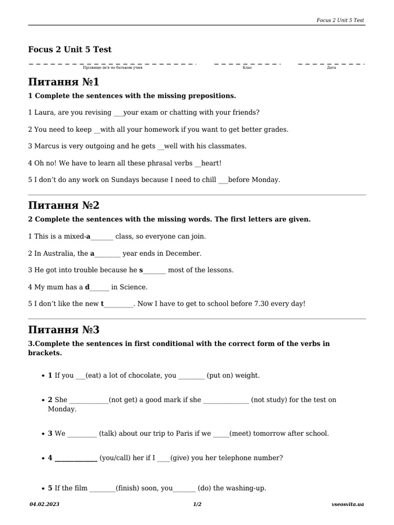 Focus 2 Unit 5 Test 20230204 133724 Pdf Grammar Syntax
