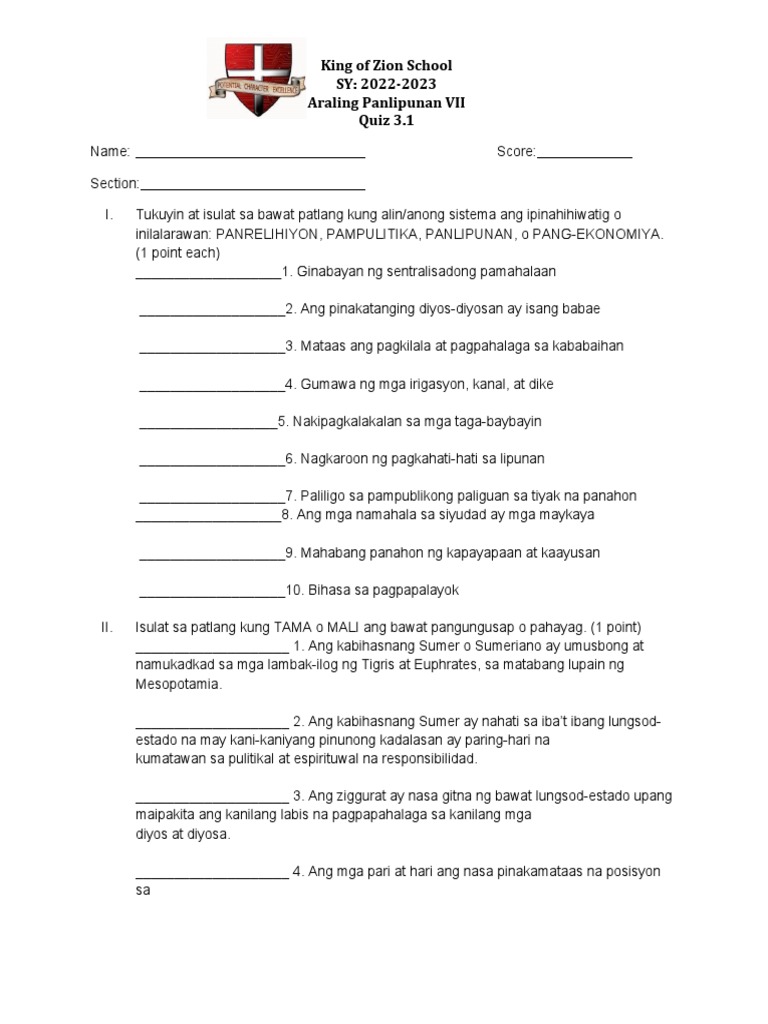 Pagsusulit 3.1 (Grade 7 - Ap) | PDF