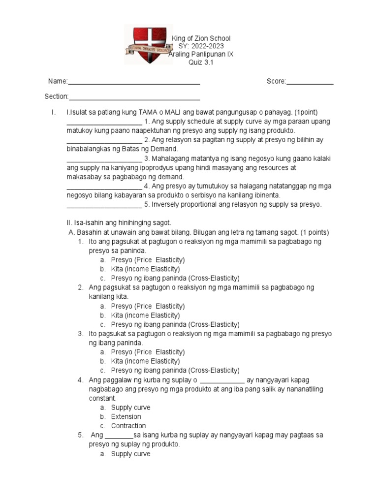 Pagsusulit 3.1 (Grade 9-Ap) | PDF