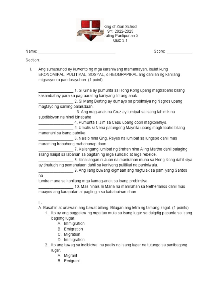 Pagsusulit 3.1 (Grade 10 - Ap) | PDF