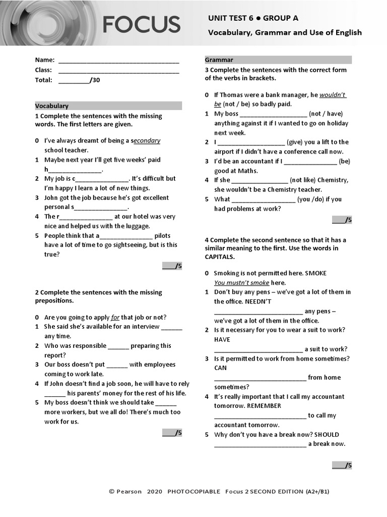 Unit Test 6 Group A Vocabulary, Grammar and Use of English | PDF ...