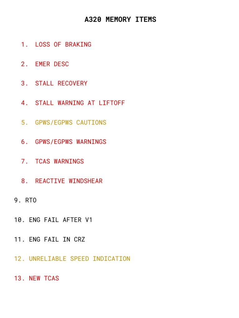 A320 Memory Items PDF | PDF | Aircraft | Aeronautics