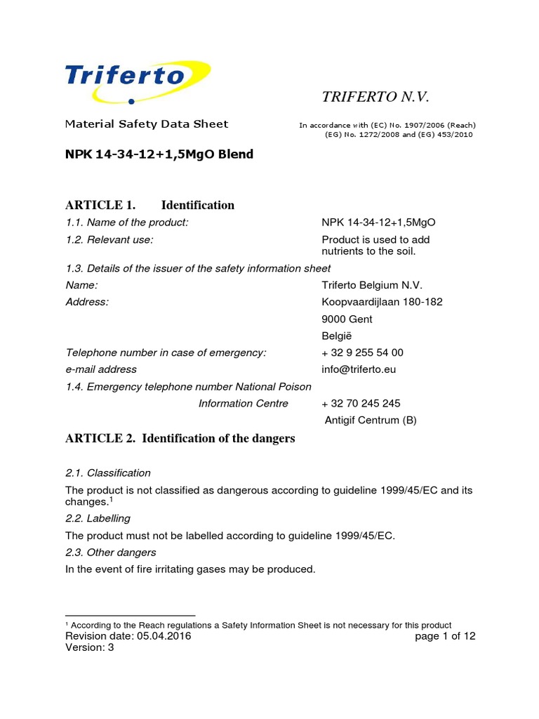 MSDS Triferto NPK 14-34-12+15MgO (Eng) | PDF | Dangerous Goods | Nature