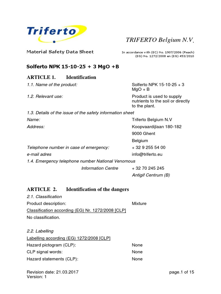 MSDS Solferto NPK 15-10-25 + 3 MgO + B | PDF | Toxicity | Personal ...