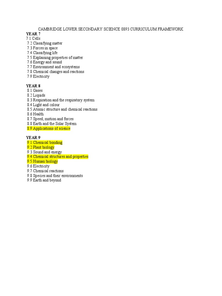 Cambridge Lower Secondary Science Curriculum Years 7-9 | PDF