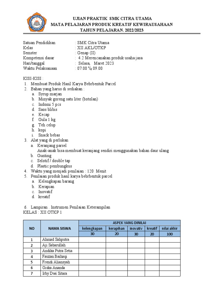 format penilaiaan praktek PKK tahun 2023-dikonversi | PDF