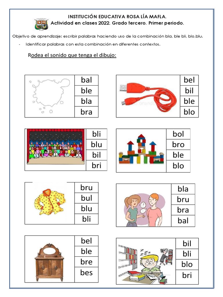 Actividades de sílabas bla, ble, bli, blo, blu | PDF