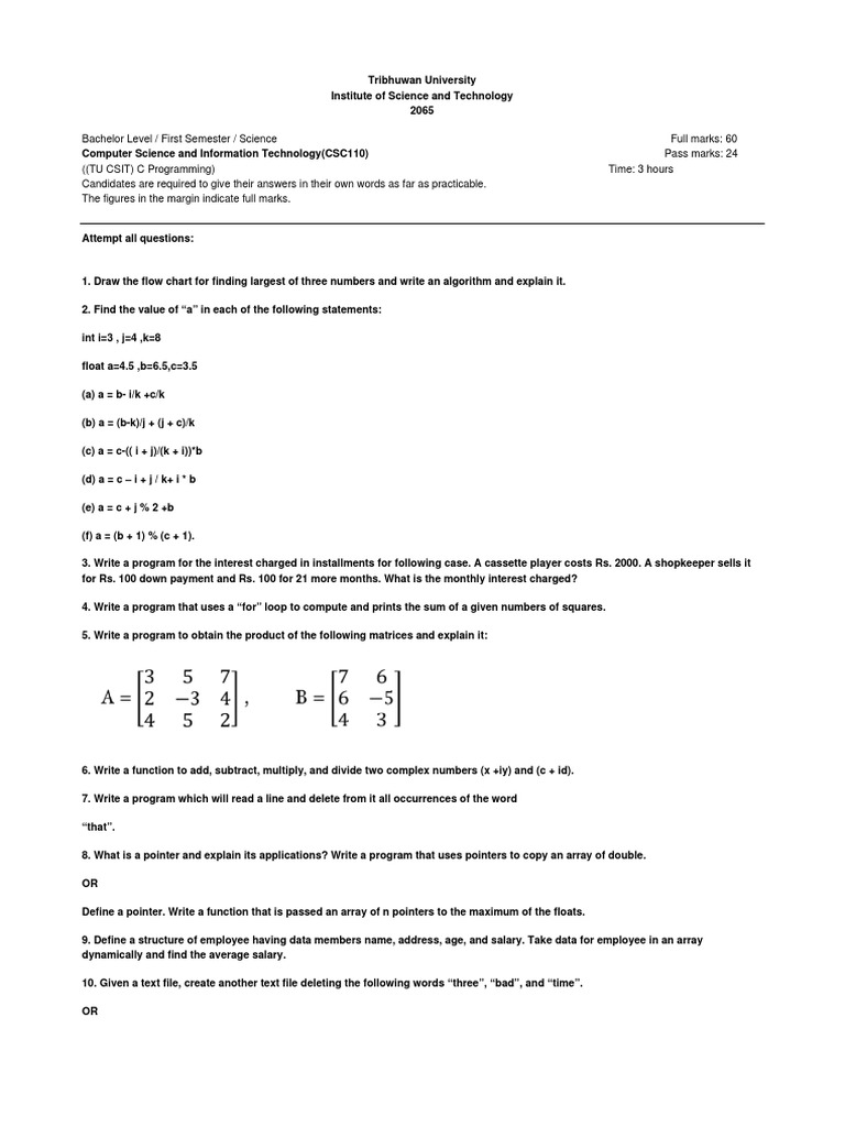 C Programming 2065 Questionpaper PDF | PDF