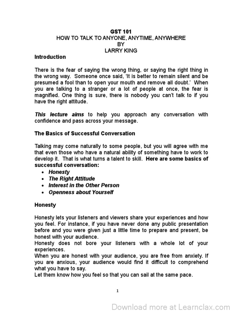GST101-How To Talk To Anyone, Anytime, Anywhere-Larry King-2019 | PDF ...