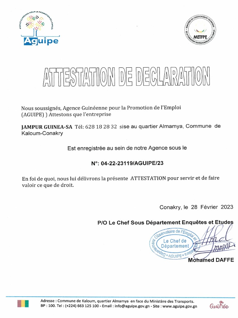 Attestation de Declaration Aguipe - Jampur PDF | PDF