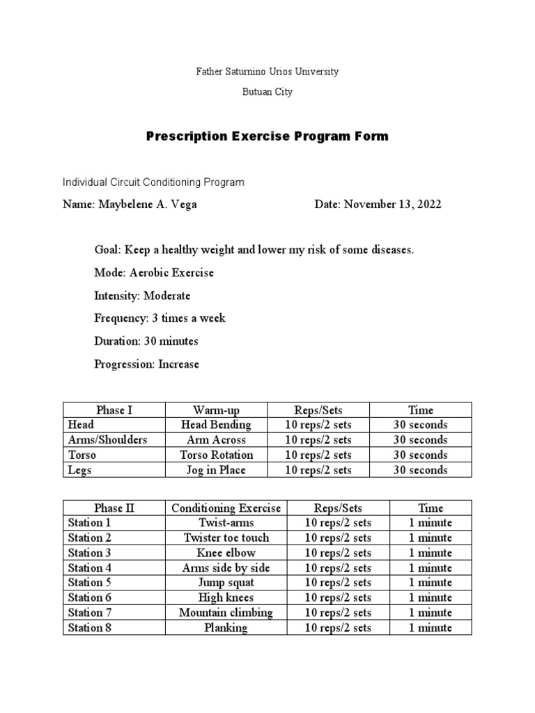Prescription Exercise Form | PDF