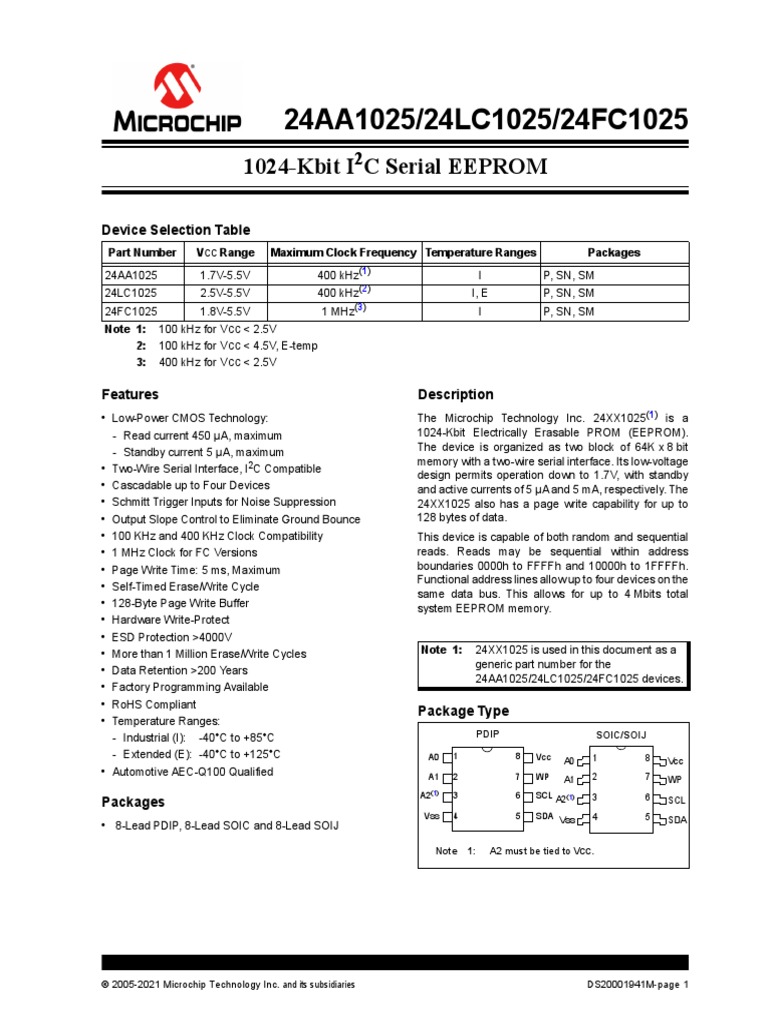 24AA1025 24LC1025 24FC1025 1024 Kbit I2C Serial EE-2853738 | PDF ...