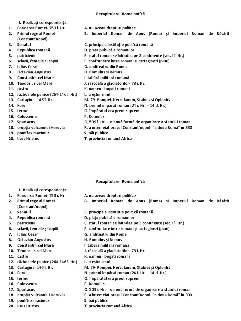 Recapitulare Roma Antica | PDF