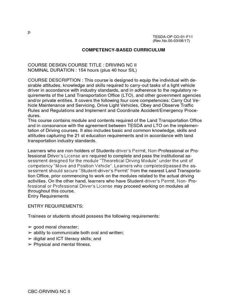 CBC Driving NC II Updated | PDF