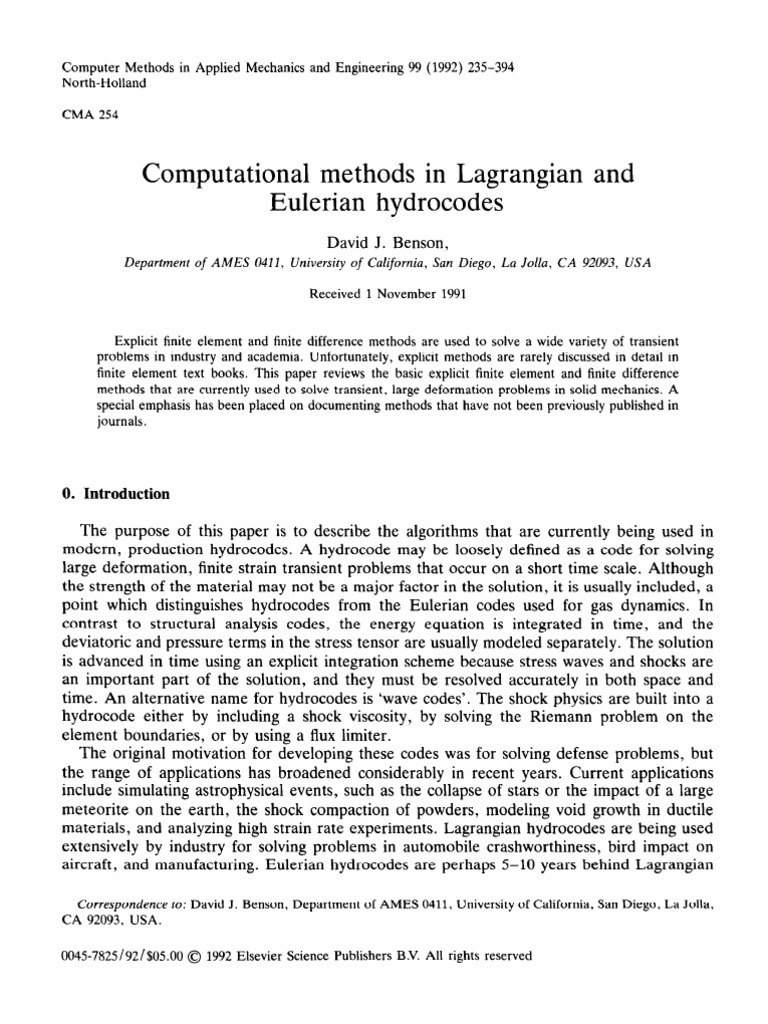 Computational Methods in Lagrangian and Eulerian Hydrocodes | PDF | Continuum Mechanics ...