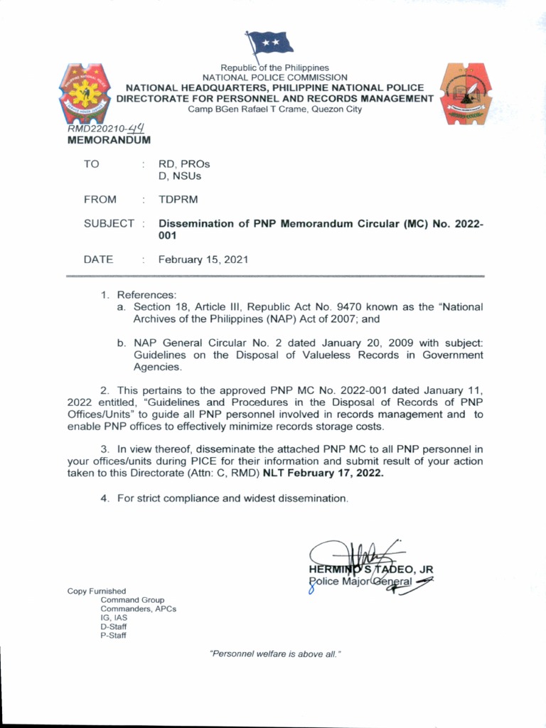 PNP MC 2022 01 Guidelines and Procedure in The Disposal of The Revords ...