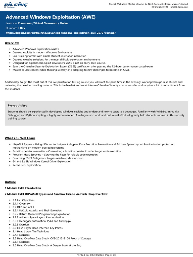 Advanced Windows Exploitation (AWE) | PDF | Computer Security | Security